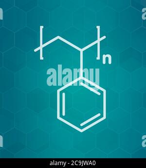 Polystyrene (PS) plastic, chemical structure. Stylized skeletal formula ...