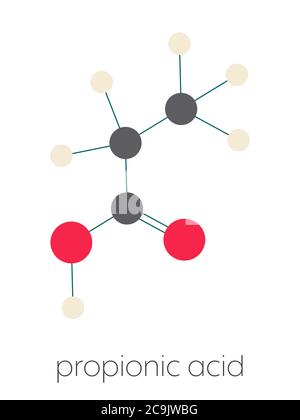 Propionic acid (propanoic acid) molecule. Used as preservative in food. Stylized skeletal ...