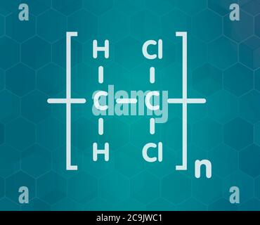 Polyvinylidene chloride (PVDC) polymer, chemical structure. Blue ...