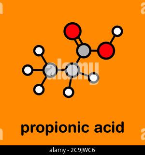 Propionic acid (propanoic acid) molecule. Used as preservative in food ...