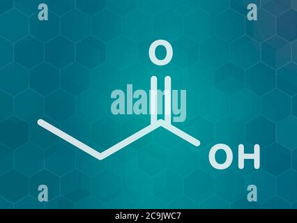 Propionic acid (propanoic acid) molecule. Used as preservative in food ...