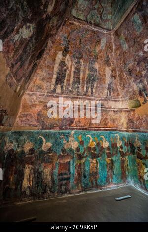 Temple murals painted on the walls at Bonampak, an ancient Maya ...