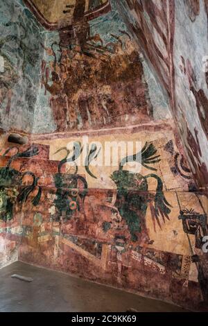 Temple murals painted on the walls at Bonampak, an ancient Maya ...
