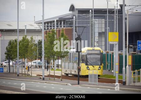 Modern scene a Bombardier M5000 METROLNK tram working through Trafford ...