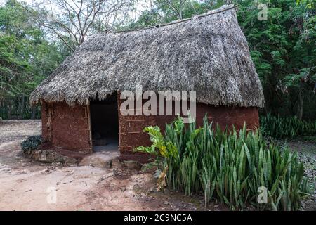 A typical traditional thatched-roofed wattle and daub hut in the ruins ...