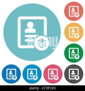 Multiple contacts flat white icons on round color backgrounds. 6 bonus ...