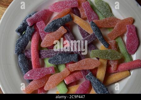 Pictures show Soft Jellies Fizzy Fish sweets made by Maynards Bassetts ...