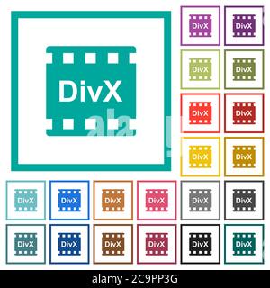DivX movie format flat color vector icons with shadows in round ...