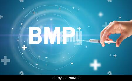 Syringe needle with virus vaccine and BMP abbreviation, antidote ...