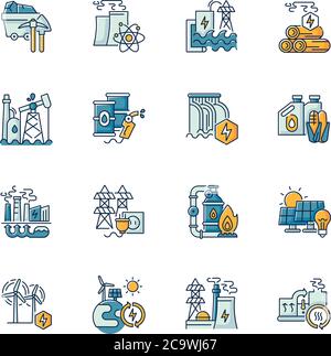 Energy manufacturing RGB color icons set. Electric power station ...