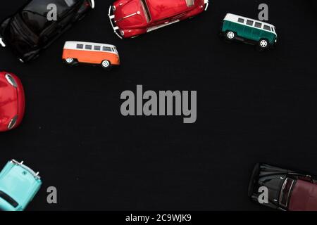 Flat lay of different nostalgic toy cars in various colors Stock Photo ...
