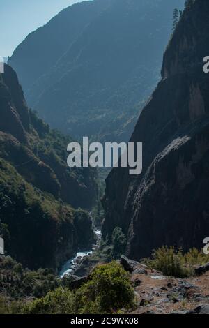 Marshyangdi river flowing through the gorge valley, Lamjung district ...