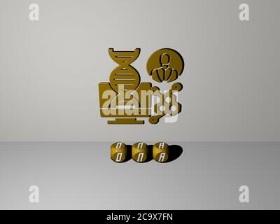 3D graphical image of dna vertically along with text built by metallic ...
