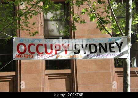 Pictured is the Occupy Sydney settlement in Martin Place as they mark ...