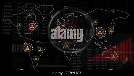 World map overview of virus infected regions. Digital overlay. Pandemic ...