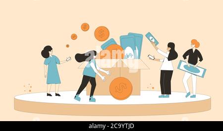 Crowdfunding concept. Young people raising money together. characters ...