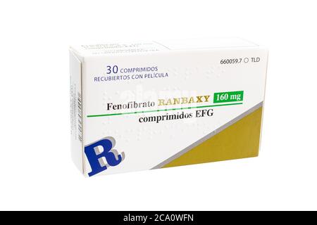 Fenofibrate cholesterol lowering drug (fibrate class) molecule. Blue ...
