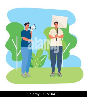 activists men with protest banner and megaphone Stock Vector Image ...