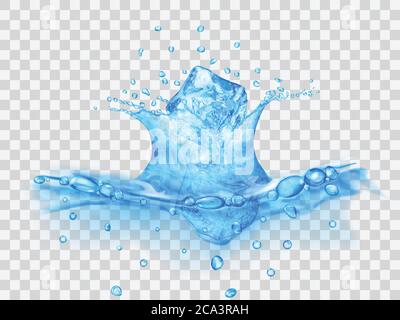 Ice cubes falling into blue transparent wave of water splash with bubbles isolated on blue ...