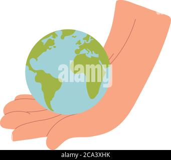 Hands supporting globe, planet care and unity symbol, earth day emblem ...