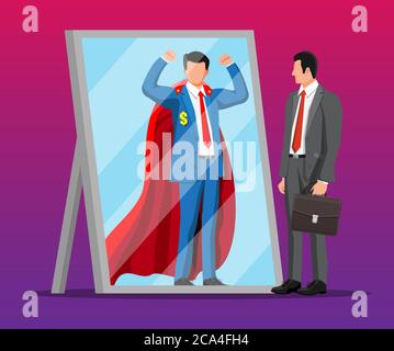 Man see super hero reflection in mirror, ambition and self confident ...