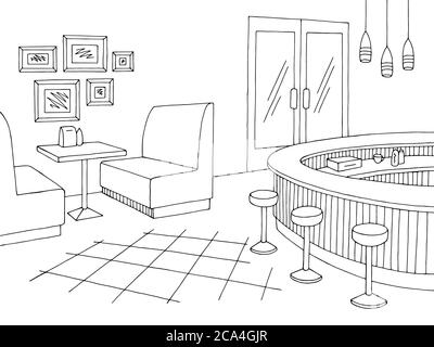 Cafe bar graphic black white interior sketch illustration vector Stock ...