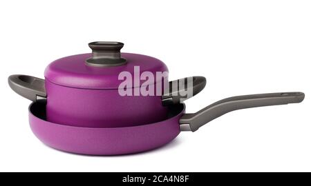 Frying pan and casserole of purple color isolated on white Stock Photo ...