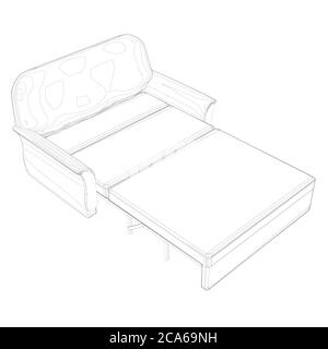 Wireframe of a folding sofa made of black lines on a white background. Isometric view. 3D ...