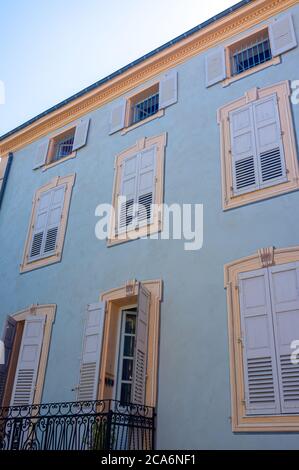 blue painted window frames of a house in northern France Stock Photo ...