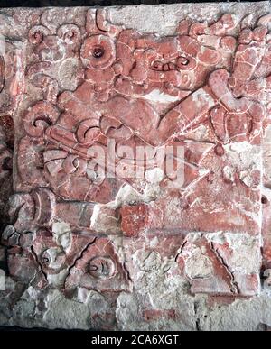 Detail of part of the ancient Mayan ruins at Tulum, stone carvings ...