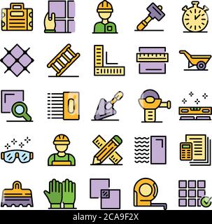 Tiler icons set. Outline set of tiler vector icons neon color on black ...