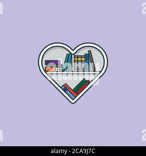 Heart shaped bookshelf with various books vector line icon. Literature ...