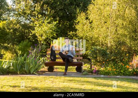 young man playing ukulele sitting on bench outdoors Stock Photo - Alamy