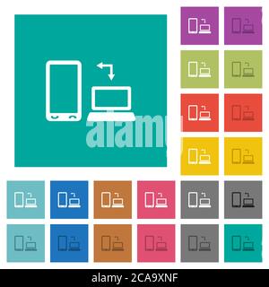 Syncronize mobile with computer white flat icons on color rounded ...