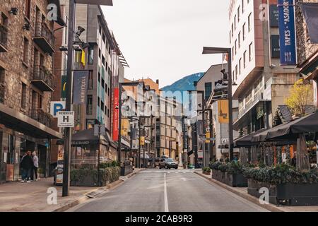 Retail street Av. Meritxell in Andorra la Vella. A popular shopping ...
