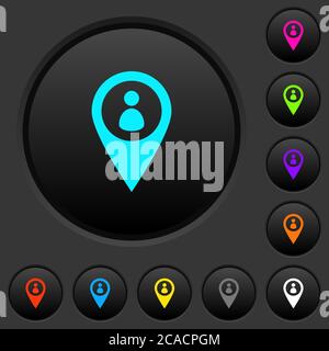 User location dark push buttons with vivid color icons on dark grey ...