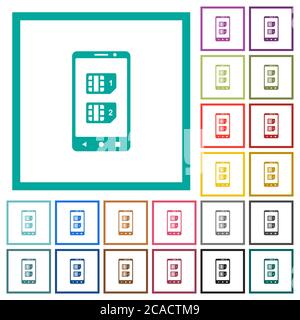Dual SIM mobile flat color icons in round outlines. 6 bonus icons ...