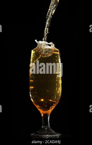 Beer falling into a glass and forming a splash on a black background ...