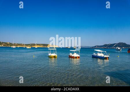 Summer view of the famous beach of Methoni town in Messinia region ...