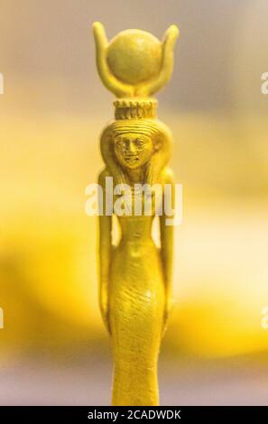 Egyptian Art. Statue of the goddess Hathor, depicted with cow horns and ...