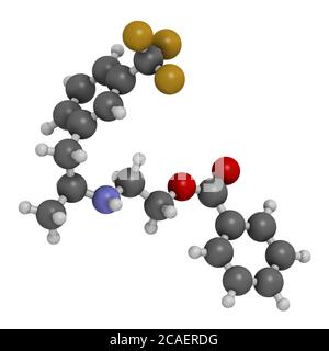 Benfluorex drug molecule (withdrawn). 3D rendering. Atoms are ...