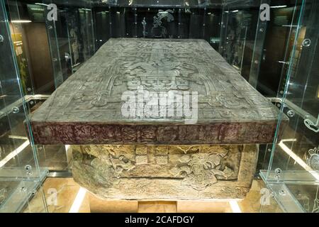 A reproduction of the burial chamber and sarcophogus of Mayan king ...