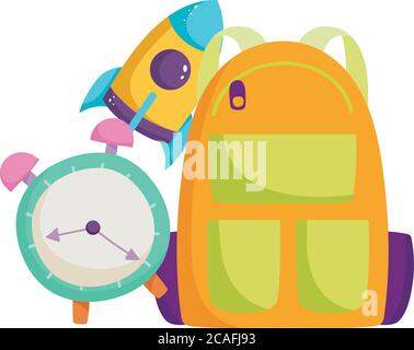 back to school, backpack clock and rocket elementary education cartoon ...