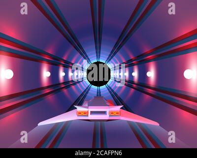 Arcade space ship flying to the gateway in blue corridor 3D landscape ...