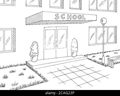 School building exterior graphic black white sketch illustration vector ...
