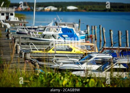 Boats in the small inland harbour of Lampaul, Ouessant Island ...