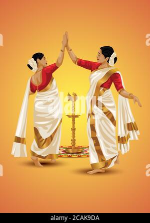 happy onam thiruvathira, a traditional dance from Kerala. vector illustration Stock Vector Image ...