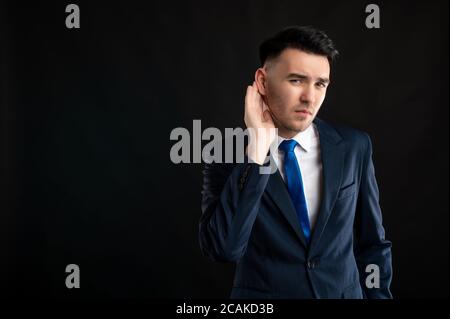 Business man cant hear person on the phone, having a call crowded loud ...