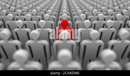 One of many. Symbols of people lined up in a order and one red. 3D ...