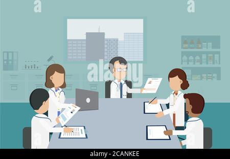 Doctor conference concept with group of doctors discuss flat design ...